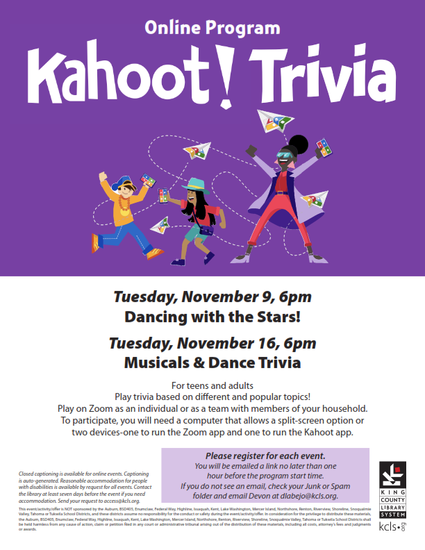 VIRTUAL: KCLS Program - Kahoot! Trivia | Seattle Area Family Fun ...